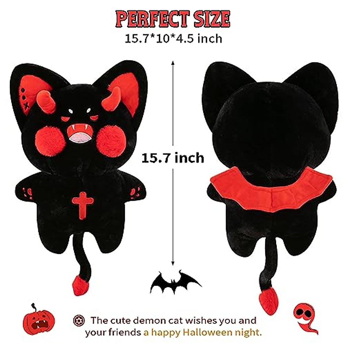 PEACH CAT Cute Cat Plush Pillow Kitten Plushie Devil Cat Stuffed Animal for Kids Black and Red 15.7"