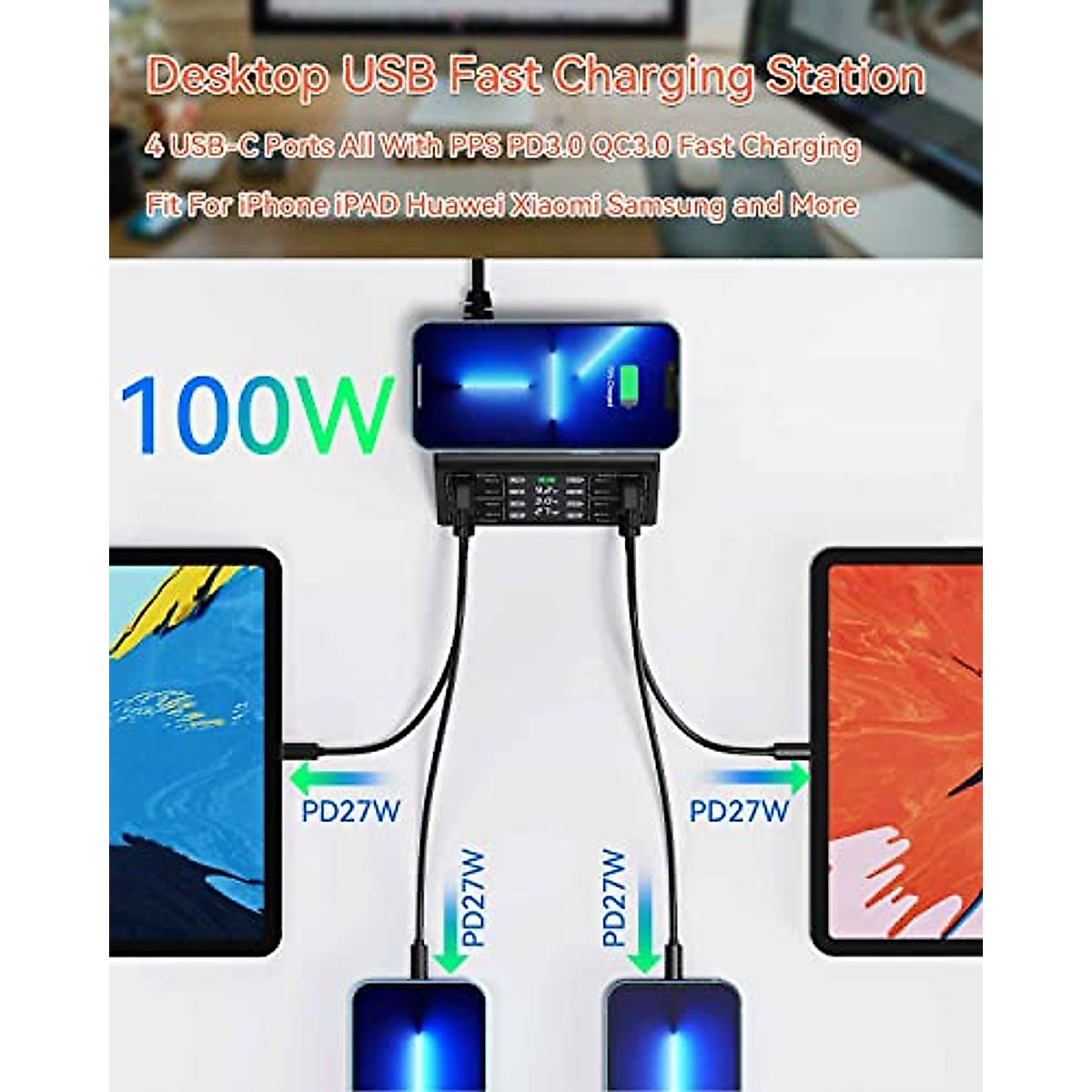 USB Charger, ASOMETECH 100W 8 Port Multiple USB Charging Station with 4 Quick Charge 3.0, 4 USB C PD Port, Wireless Charger, LCD Display Fast USB Charging Hub for iPhone 13 12 iPad Samsung and More