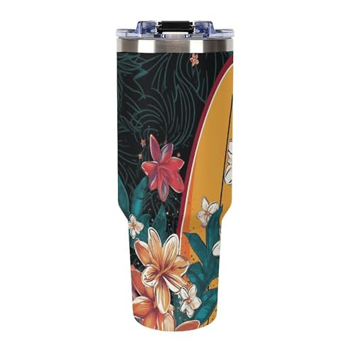 40 Oz Vacuum Tumbler with Light Rose Red Handle Leakproof Insulated Tumbler Surfboard And Flowers Stainless Steel Travel Mug with Lid And Straw Coffee Cup Cute Water Bottles Cup Holder Friendly