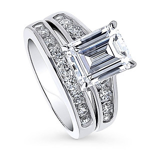 BERRICLE Sterling Silver Solitaire Wedding Engagement Rings 3.8 Carat Emerald Cut Cubic Zirconia CZ Statement Ring Set for Women, Rhodium Plated Size 6