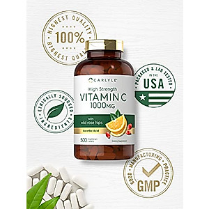 Carlyle Vitamin C 1000mg | 500 Vegetarian Caplets | Ascorbic Acid with Wild Rose Hips | High Strength Formula | Non-GMO and Gluten Free Supplement