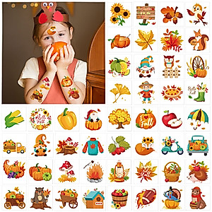HOWAF 96 Pieces Fall Temporary Tattoos, 48 Styles Autumn Harvest Temporary Tattoos Stickers for Kids, Thanksgiving Fake Tattoos with turkeys, owls, squirrels, pumpkins, maple leaves design for Happy Fall Decoration