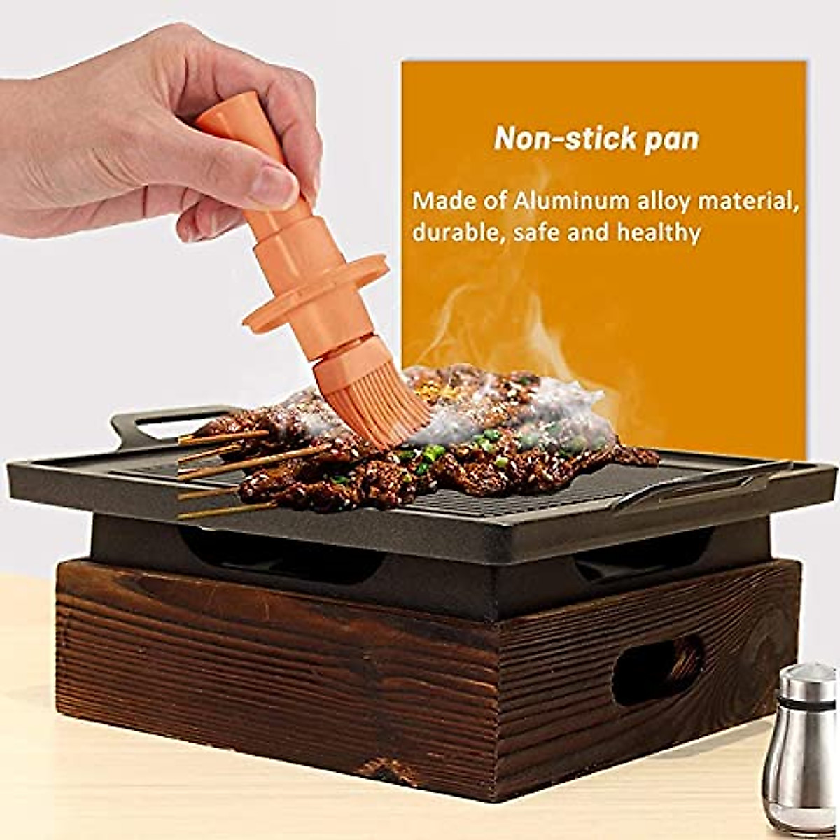 Helikim Portable BBQ Grill, Japanese-Korean Household Wooden Alcohol Stove BBQ Grill with Wooden Base for Indoor Dining Table, Camping, Outdoor Garden BBQ,23cm
