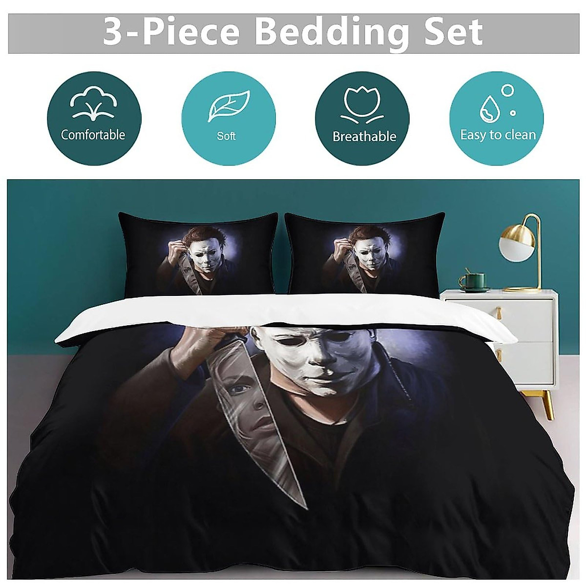 Pbunlkl Michael Killer Myers 3-Piece Bedding Set Duvet Cover Pillow Shams Set Soft Lightweight Comforter Cover Set 90"x90"