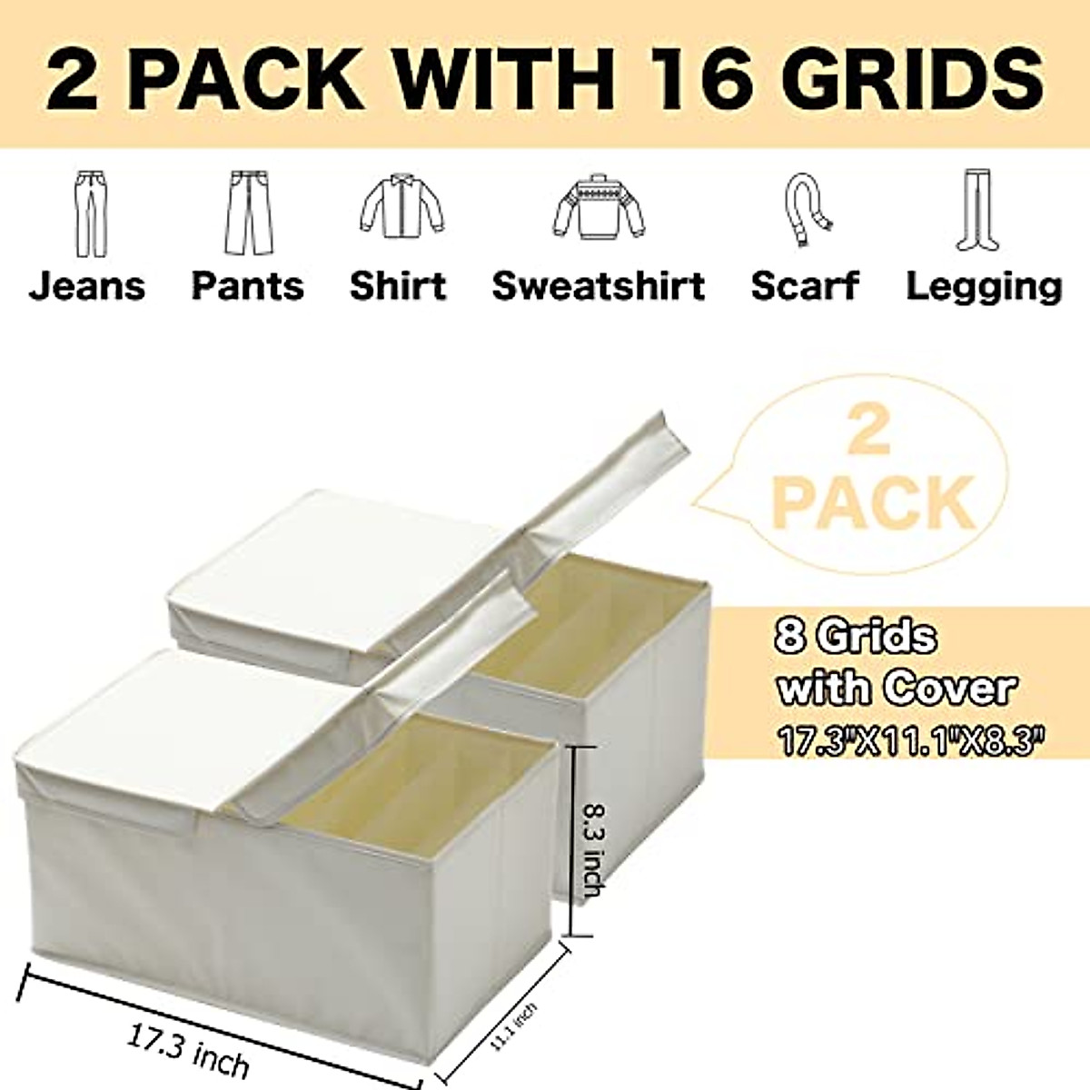 2Pcs Closet Wardrobe Clothes Organizer with Cover for Folded Clothes with Support Board, 8 Grids Drawer Organizers for Clothing Jeans Pants Scarf Leggings Organizer for Closet Organization (Beige)