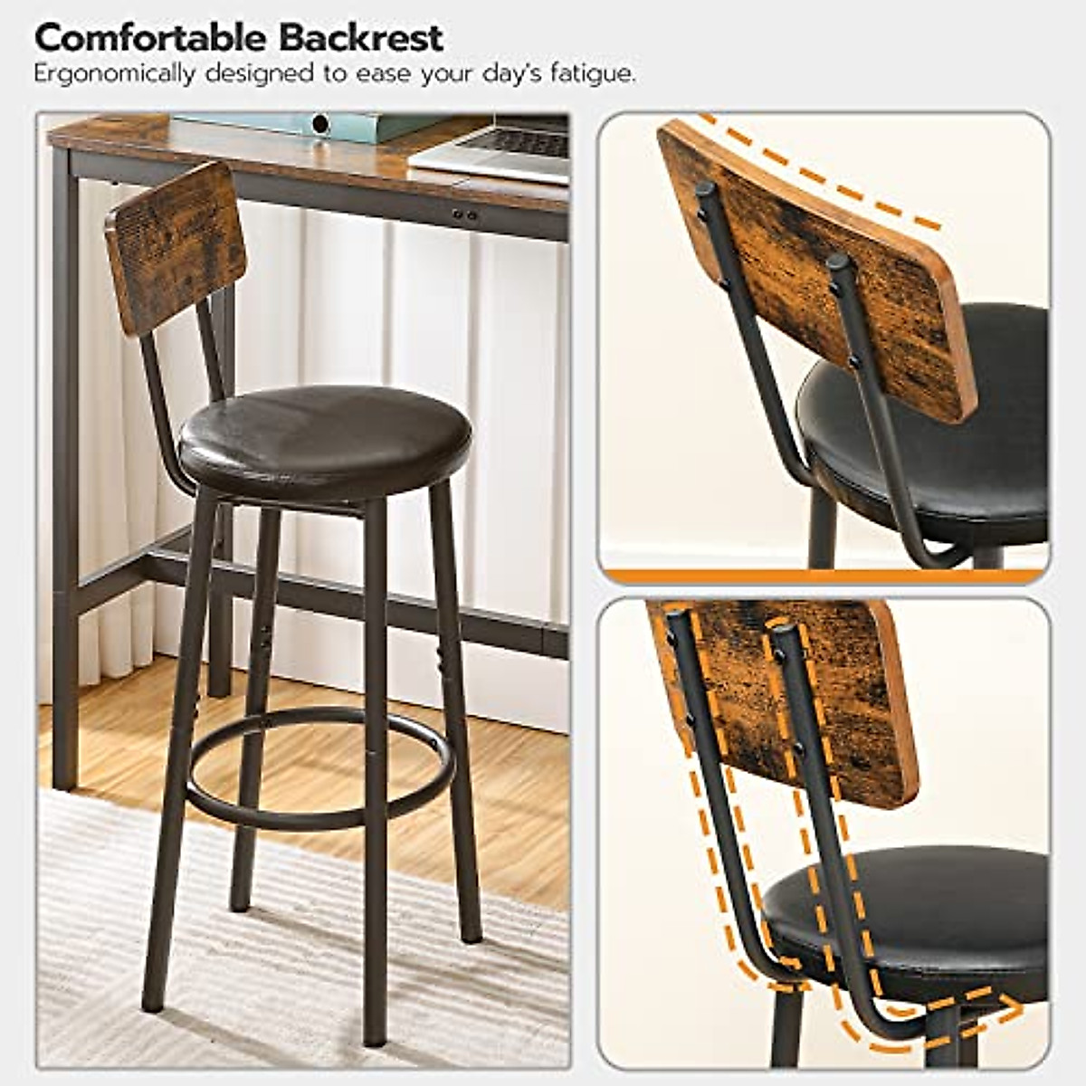 HOOBRO Bar Stools with Backrest, Set of 2 Bar Chairs, Counter Stools with PU Upholstery, Breakfast Stools with Footrest, for Kitchen, Living Room, Bar, Rustic Brown and Black BF31BY01