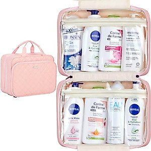 FINDCOZY Extra Large Toiletry Bag with Hanging Hook, Travel Makeup Case for Women, Cosmetic Organizer for Toiletries, Full-Sized Bottles, Beauty, Pink