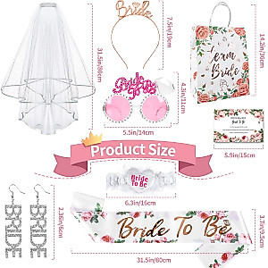 MOVINPE Bachelorette Party Accessories, Bride to Be Sash, Veil, Tiara, Sunglasses, Rhinestone Earrings, Kraft Gift Bags, Greeting Card, Wedding Garter, Pink Bridal Shower Party Decorations Supplies