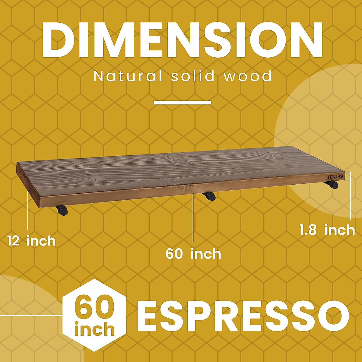 TEN49 Industrial Rustic Wood Wall Shelf - 60" Espresso Real Wooden Shelf w/ 1.8" Extra Thickness - Modern Interior Decor Floating Shelving w/ Pipe Brackets - Farmhouse Style Bookshelf - Set of 1