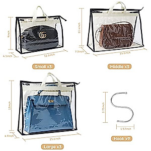 Interesse 9 Pack Dust Bags for Handbags, Clear Handbag Storage, Purse Storage Organizer for Closet, Purse Cover Hanging Closet Organizer with Zipper, Handles and Purse Hook