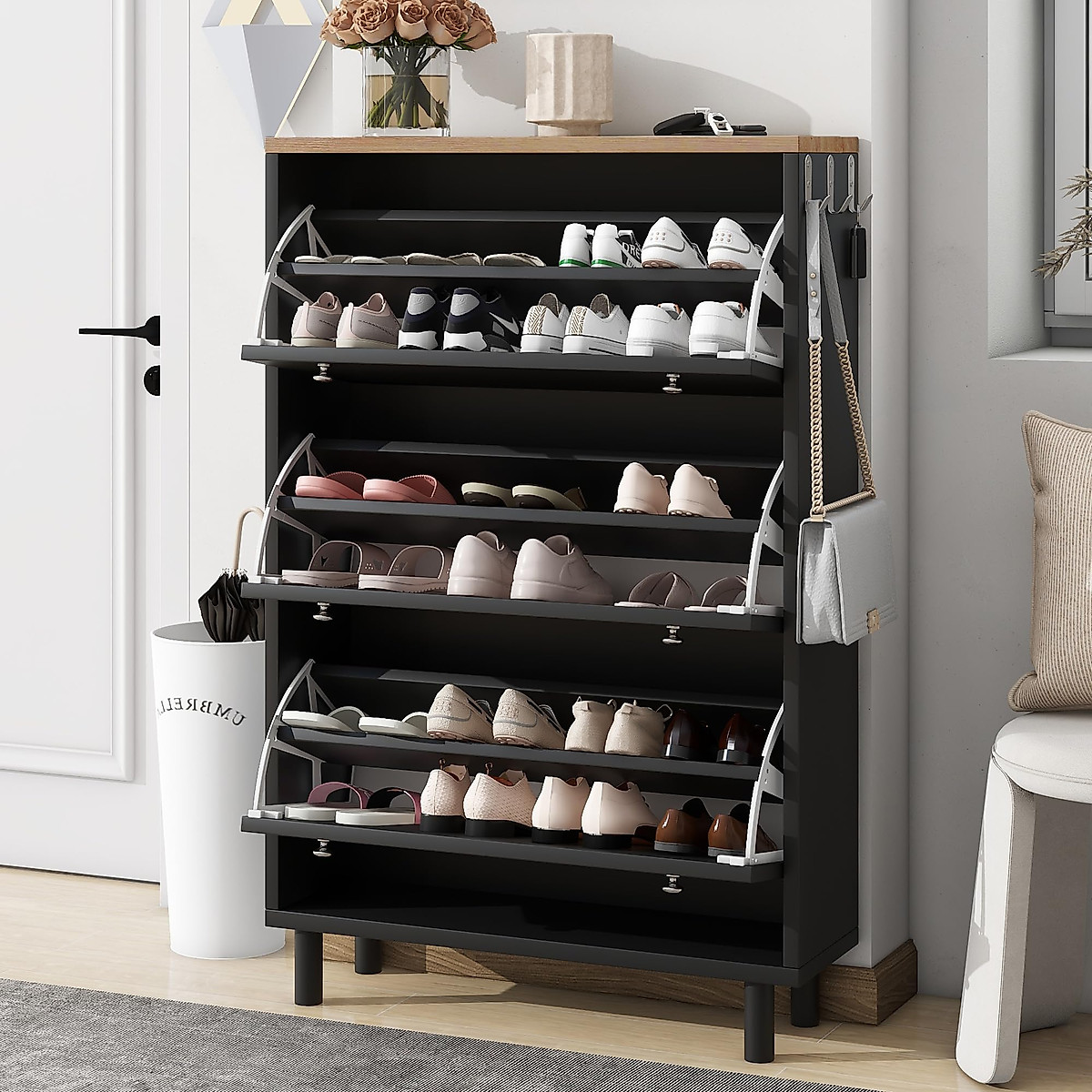 VENBER Narrow Design Shoe Cabinet with 3 Flip Drawers, Wood Grain Pattern Top Entryway Organizer with 3 Hooks, Free Standing Shoe Rack with Adjustable Panel for Hallway (Black)