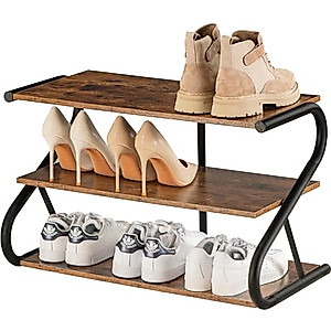 BWOORACKU Shoe Rack - Multi-Functional 3-Tier Z-Shaped Wooden Storage Organizer for Shoes, Entryway to Garage & More(Rustic)