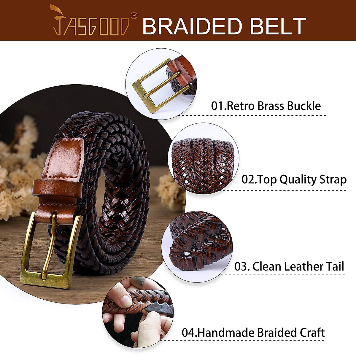 JASGOOD Men's Braided Leather Belt, Braided Woven Belt for Men Casual Jeans with Solid Strap Single Prong Buckle (B-Brown,Suit for Pant Size 38-42 inch)