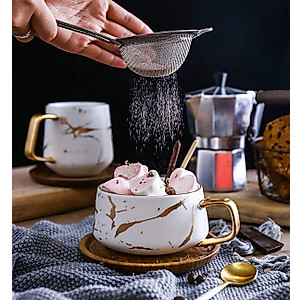 Jusalpha 10 oz Luxury Golden Hand Print Coffee Teacup with Bamboo Saucer Set Fashion Marble Pattern for Women TCS19 (White)