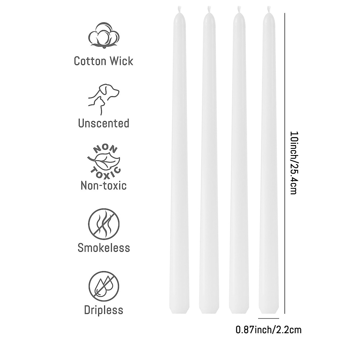 Taper Candles 10 Inch White Set of 20 Unscented, Dripless, Smokeless Long Tall Tapered Candlesticks Wedding Home Decor Dinner