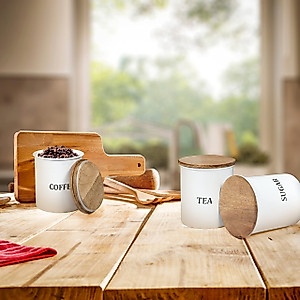 Coffee Sugar Tea Canister Set of 3 - Galvanized Metal With Wooden Lid - Beautiful Fancy Elegant Decorative Food Storage Jars Perfect for Farmhouse Kitchen Décor Restaurant Bar - 4.75 Inch - Off White
