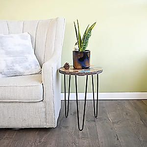 WELLAND Side Table Reclaimed Wood, Round Hairpin Leg End Table, Night Stand, Recycled Boat Wood, 20" Tall
