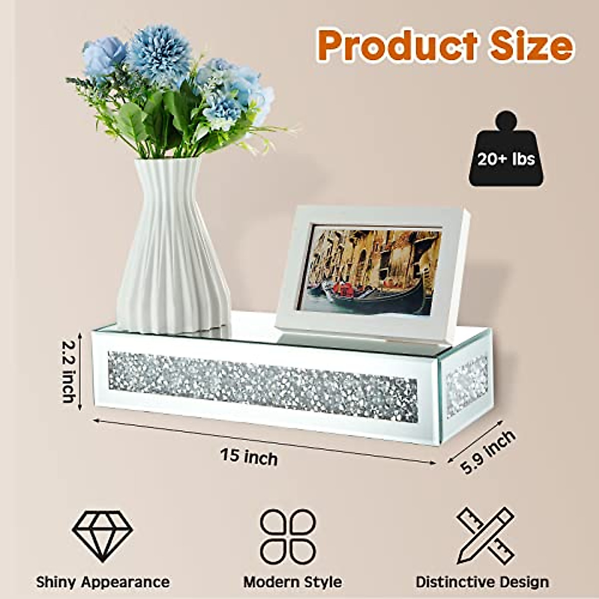 2 Pieces Mirrored Floating Wall Shelf Crushed Diamond Crystals Wall Rack Silver Glass Shelves Decorative Hanging Mirror Shelf Display Ledge of Trophy and Photo Frame for Home Bathroom Living Room
