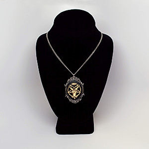 Antiqued Goat Head Satanic Baphomet Cameo Bone on Black In Silver Finish Frame Pendant Necklace
