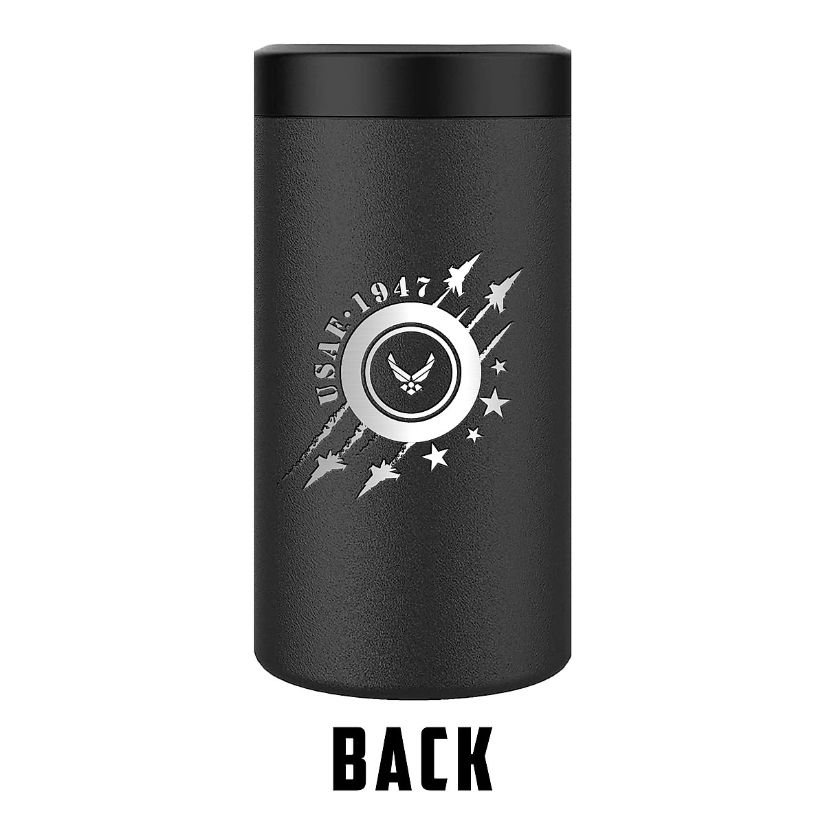 Air Force 4 in 1 Insulated Can Cooler, Stainless Steel Double-Walled Insulator for 12 oz Standard or Skinny Slim Cans, 12 Oz Beer Bottles & Mixed Drinks – Gifts for Airmen