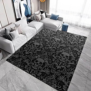 Vintage Black Gothic Skull Damask Halloween Area Rugs Indoor Floor Carpet Runner Rug Floor Mat Entrance Rug Non-Slip Throw Rugs Carpet Home Decor for Bedroom Living Room
