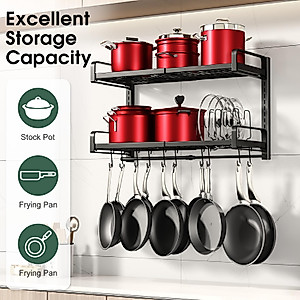30" Expandable Hanging Pot Rack, 2 Tier Adjustable Pot and Pan Rack for Kitchen Organizers and Storage, Heavy Duty Pot and Pan Organizer, Wall Mounted Pot Lid Organizer for Pots and Pans with 10 Hooks