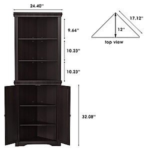 JUMMICO Corner Cabinet, Espresso, with 2 Doors and 3 Tier Shelves, Free Standing, Storage for Bathroom, Living Room, Bedroom or Kitchen