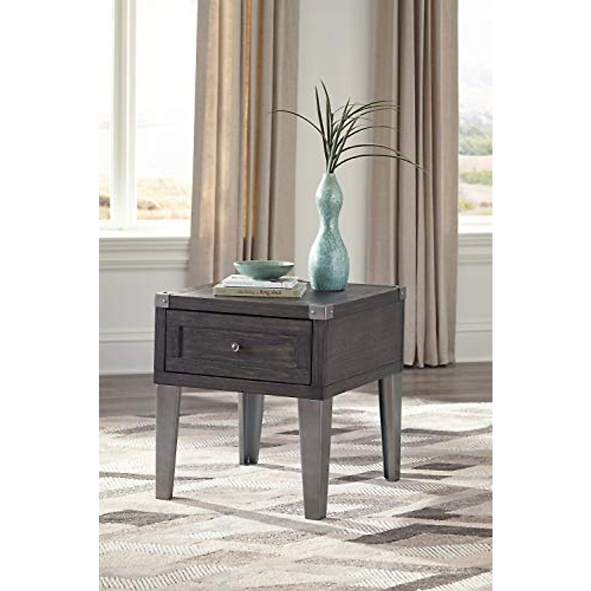 Signature Design by Ashley Todoe Industrial Square End Table with 1 Drawer, 2 Outlets and 2 USB Charging Ports, Dark Gray with Weathered Pine Finish