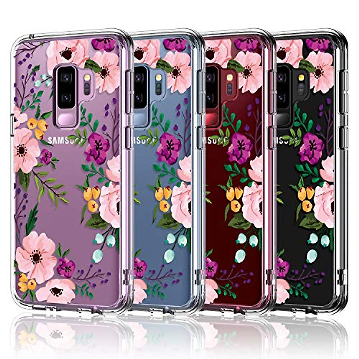 LUHOURI Samsung Galaxy S9 Plus Case Clear with Design for Girls Women,Shockproof Hard PC Cover and Soft TPU Bumper Slim Fit Protective Phone Case for Galaxy S9+ Plus 6.2 inch Purple Blossoms
