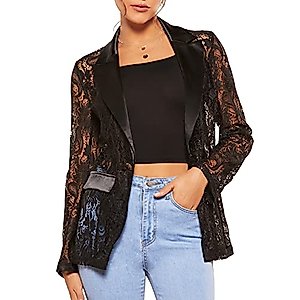 WDIRARA Women's Floral Lace Mesh One Button Lapel Neck Long Sleeve Elegant Jacket Blazer Black S