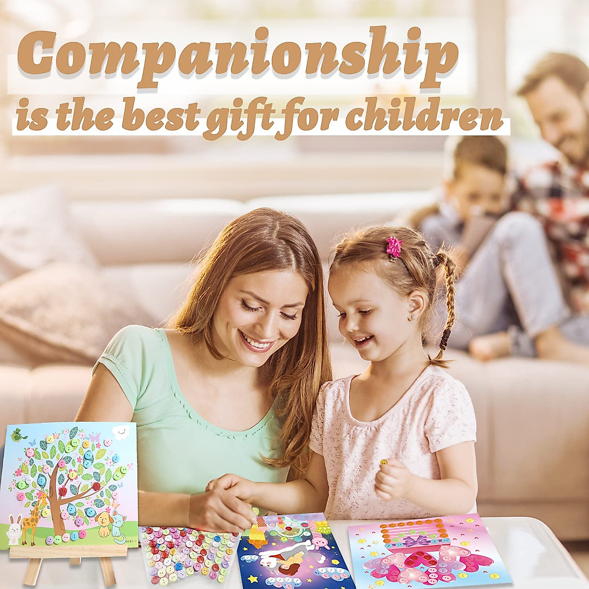 Mosaic Sticker Art Kit for Kids, Colorful Sticky Buttons DIY Handmade Art Kits,Make Your Buttons Art Crafts，for Ages 3-6 Children, Beginner, Boys and Girls-with 1wood Display Easel （8pcs）