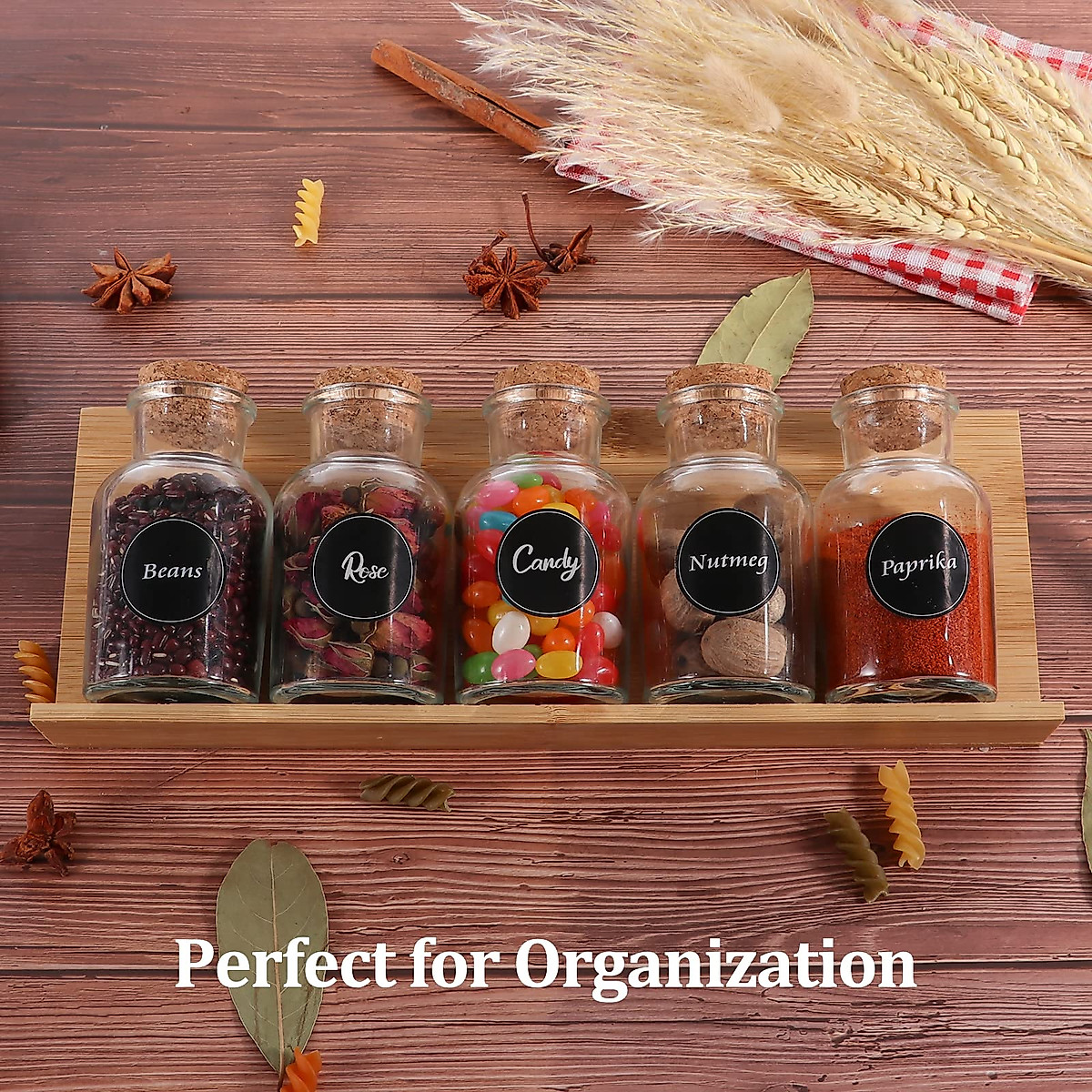 5oz Glass Bottles Jars with Cork Lids,15 Pack Spice Jars with Labels,150ml Kitchen Storage Jars Glass Canister for Herbs,Tea Leaves,Candy,Seasoning,DIY Crafts,Decorations