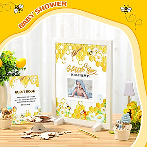 Kigley 65 Pcs Bee Baby Shower Guest Book Alternatives Baby Shower Decorations Baby Shower Guestbook with Wood Slice for 60 Guests Baby Keepsake Signature Book Picture Frame for Birthday