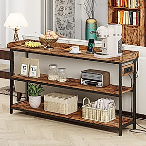 IRONCK Entryway Table, 55" Console Table with Power Outlet, TV Stand for Living Room, Height Adjustable, Easy Assembly, Rustic Brown
