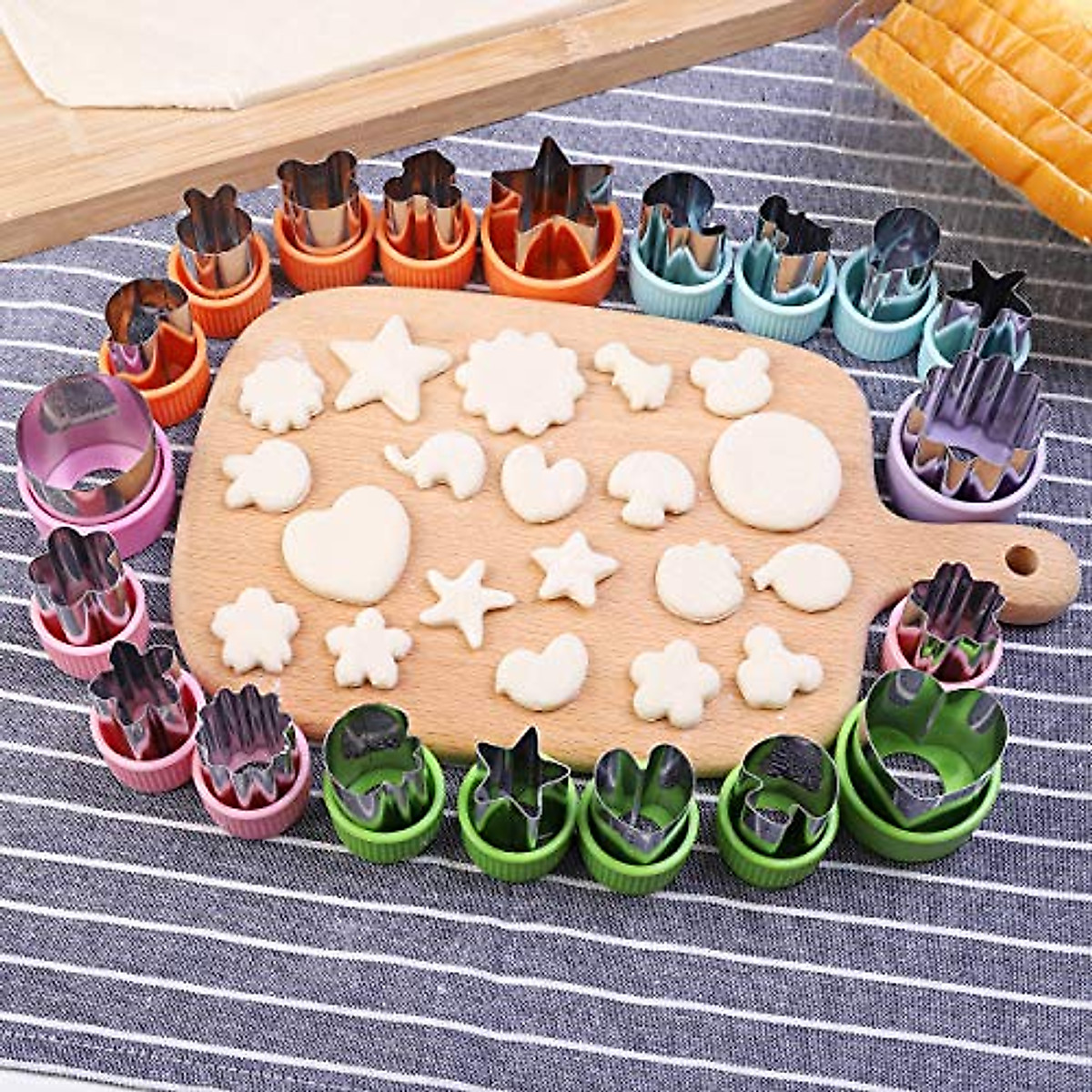 Vegetable Cutters Shapes Set, 20pcs Stainless Steel Mini Cookie Cutters, Vegetable Cutter and Fruit Stamps Mold + 20pcs Cute Cartoon Animals Food Picks and Forks -for Kids Baking and Food Supplement