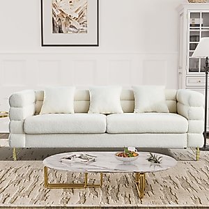OUYESSIR Cloud Sofa Couch for Living Room, 79" Comfy Deep Seat Boucle Sherpa Sofa with 3 Pillows and Gold Legs, Modern Upholstered 3 Seater Large Loveseat for Bedroom Office, Beige White Teddy