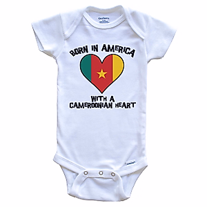 Born in America with A Cameroonian Heart One Piece Baby Bodysuit Cameroon Flag Baby Bodysuit, 0-3 Months White