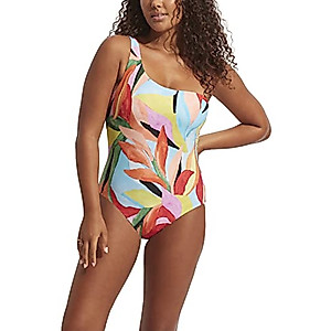 Seafolly Women's Standard Shoulder One Piece Swimsuit, Tropfest Aquamarine, 6