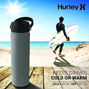 Hurley Insulated Water Bottle - 20 Oz Stainless Steel Water Bottle, Travel Water Bottle for Sports & Outdoor Activities - Insulated Bottle for Cold & Hot Drinks, Flip Open Straw Lid, Aloha Black