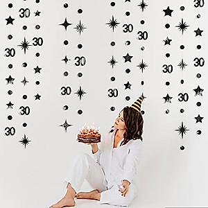 Black 30th Birthday Decorations Number 30 Circle Dot Twinkle Star Garland Metallic Hanging Streamer Bunting Banner Backdrop for Mens Womens Happy Dirty 30 Year Old Thirty Anniversary Party Supplies