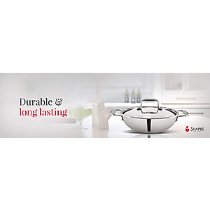 Shapes Stainless Steel Cookware Tri-Ply Wok with Lid, Multipurpose Pan, Capacity - 4 Quart, Silver - Use for Home, Kitchen and Restaurant - Easy to Clean and Dishwasher Safe