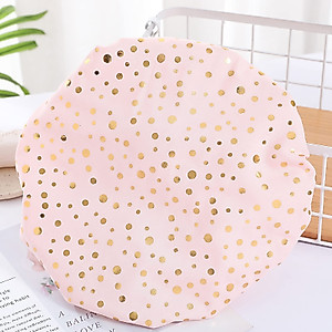 Qeuly 2 Pack Waterproof Shower Cap, Reusable Shower Cap for Women, Elastic Bathing Shower Hat Double Layers Bathing Hair Cap PEVA Lined Shower Hair Bath Cap (Pink Dots / Star)