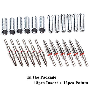 Pinals Archery 19/64" 100 Grain Field Points Tips Target and .244/6.2mm Arrows Inserts for Bow Hunting 12Set(Sharp)