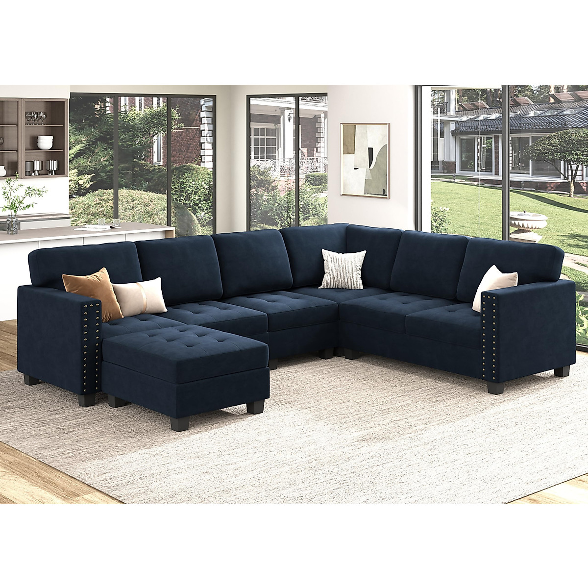 HONBAY Velvet Convertible Sectional Sofa L Shaped Couch with Storage Top Tray Ottoman Corner Sectional Couch with Reversible Chaise