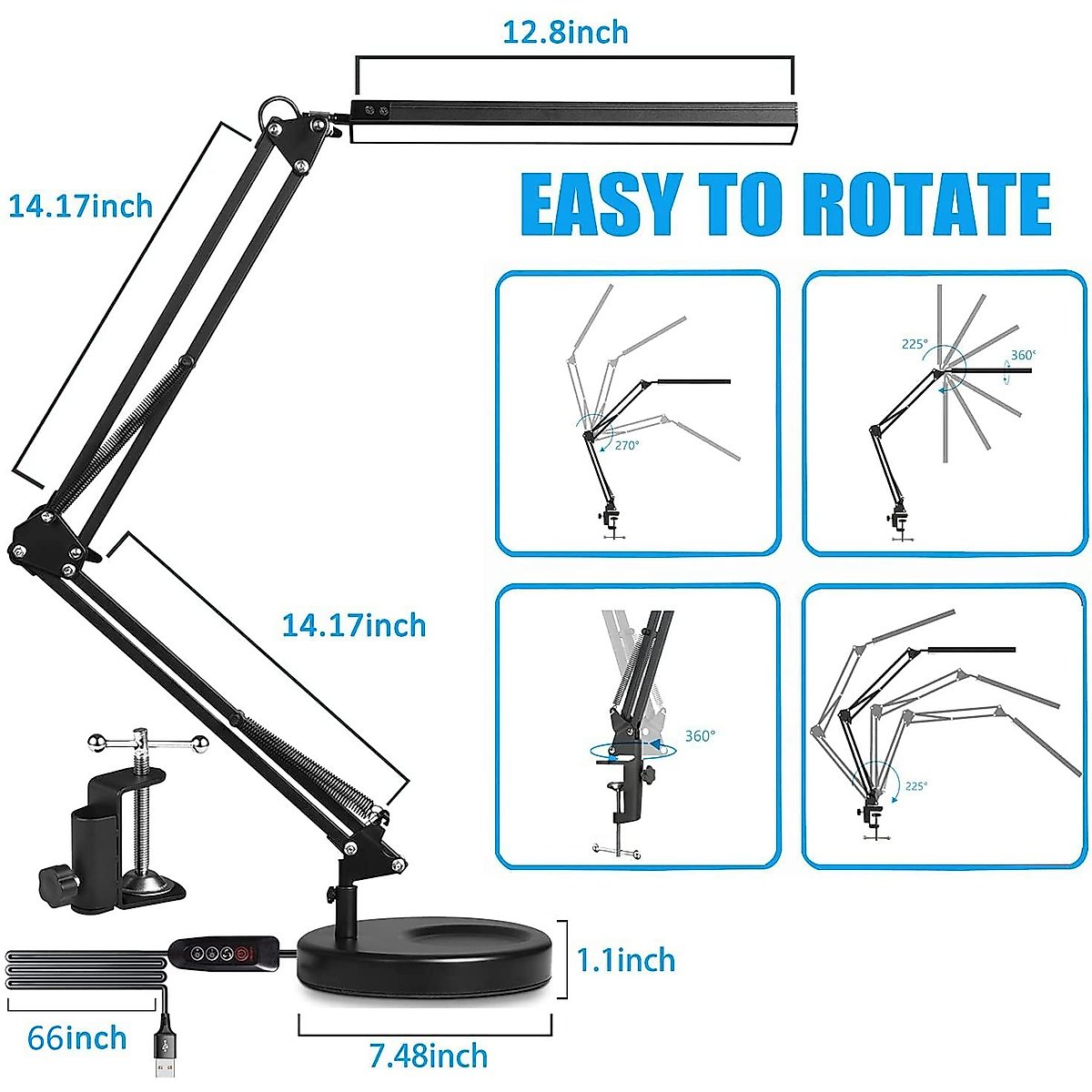 TROPICALTREE LED Desk Lamp with Clamp and Round Base,Eye Caring Table Lamp with Swing Arm,3 Color Modes 10 Brightness Levels,Memory Function, Desk Light for Home Office with USB Adapter Black-14W