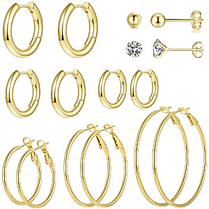 8 Pairs Stainless Steel Gold Hoop Earrings Huggie Cuff Earrings Sets for Multiple Piercing Hoops and Studs Earrings Set Cartilage Small CZ Earrings Ball Earrings Set for Women