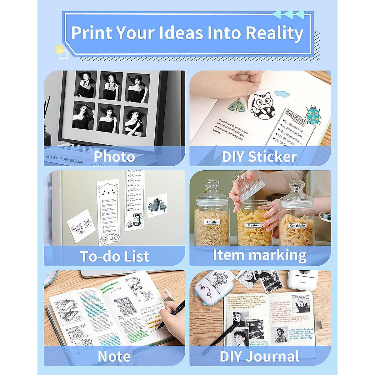 Fimax 9 Rolls Sticker Thermal Paper for Mini Printer, 57mm Thermal Paper HD Photo Paper White Self-Adhesive for Mini Portable Printer and PeriPage A6 Pocket Thermal Printer, 57 x 30