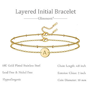 Glimmerst Initial Bracelet for Women 18K Gold Plated Stainless Steel Layered Coin Letter C Bracelet Beaded Chain Personalized Name Bracelet