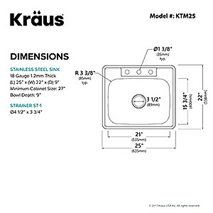 Kraus KTM25 25 inch Topmount Single Bowl 18 gauge Stainless Steel Kitchen Sink
