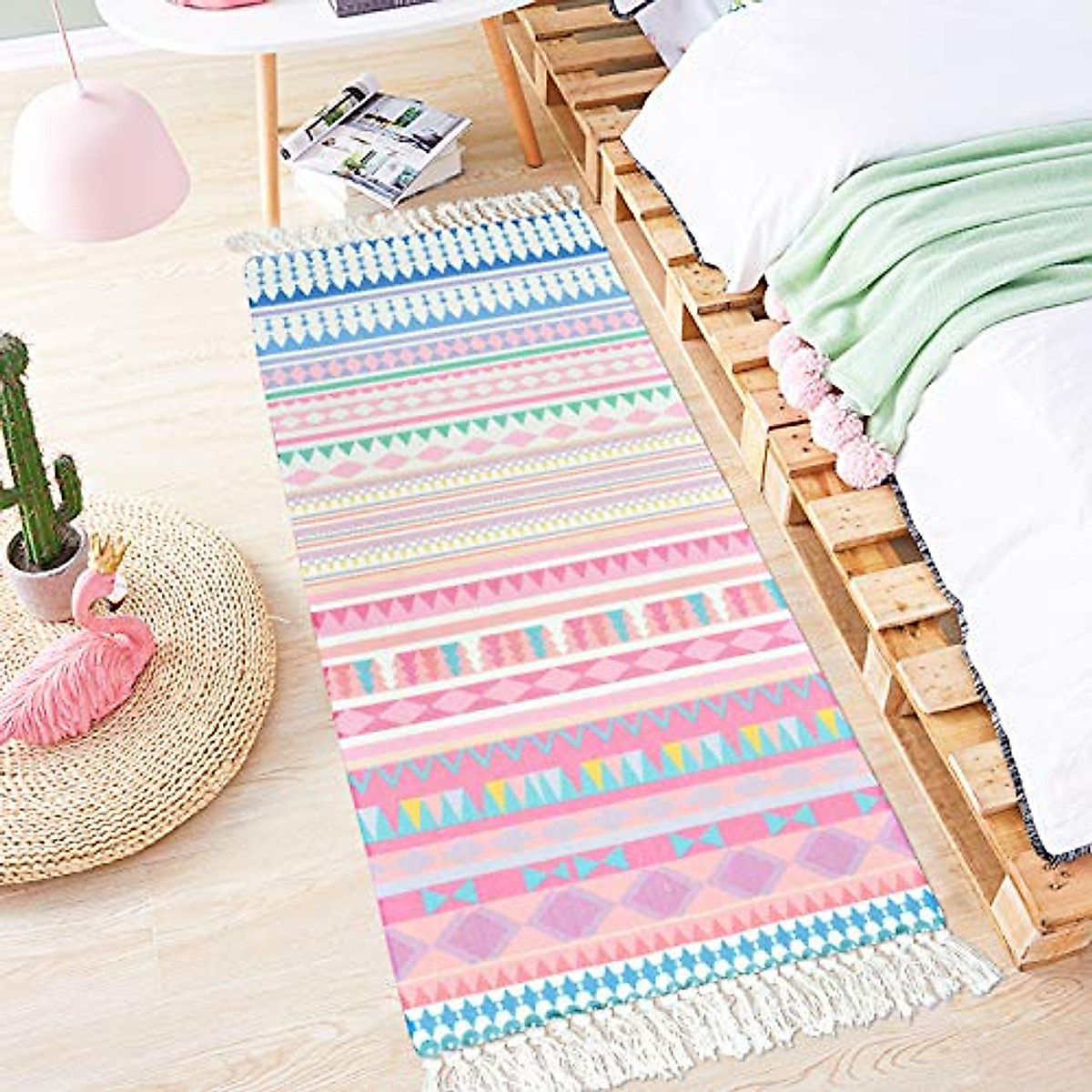 Lacomfy 2PC Cotton Area Rug Sets Pink Boho Printed Tassels Door Mat 2'x3'+2'x4.3' Hand Woven Outdoor Runner Rugs Washable Braided Rug for Kitchen Entryway Bathroom Laundry Room